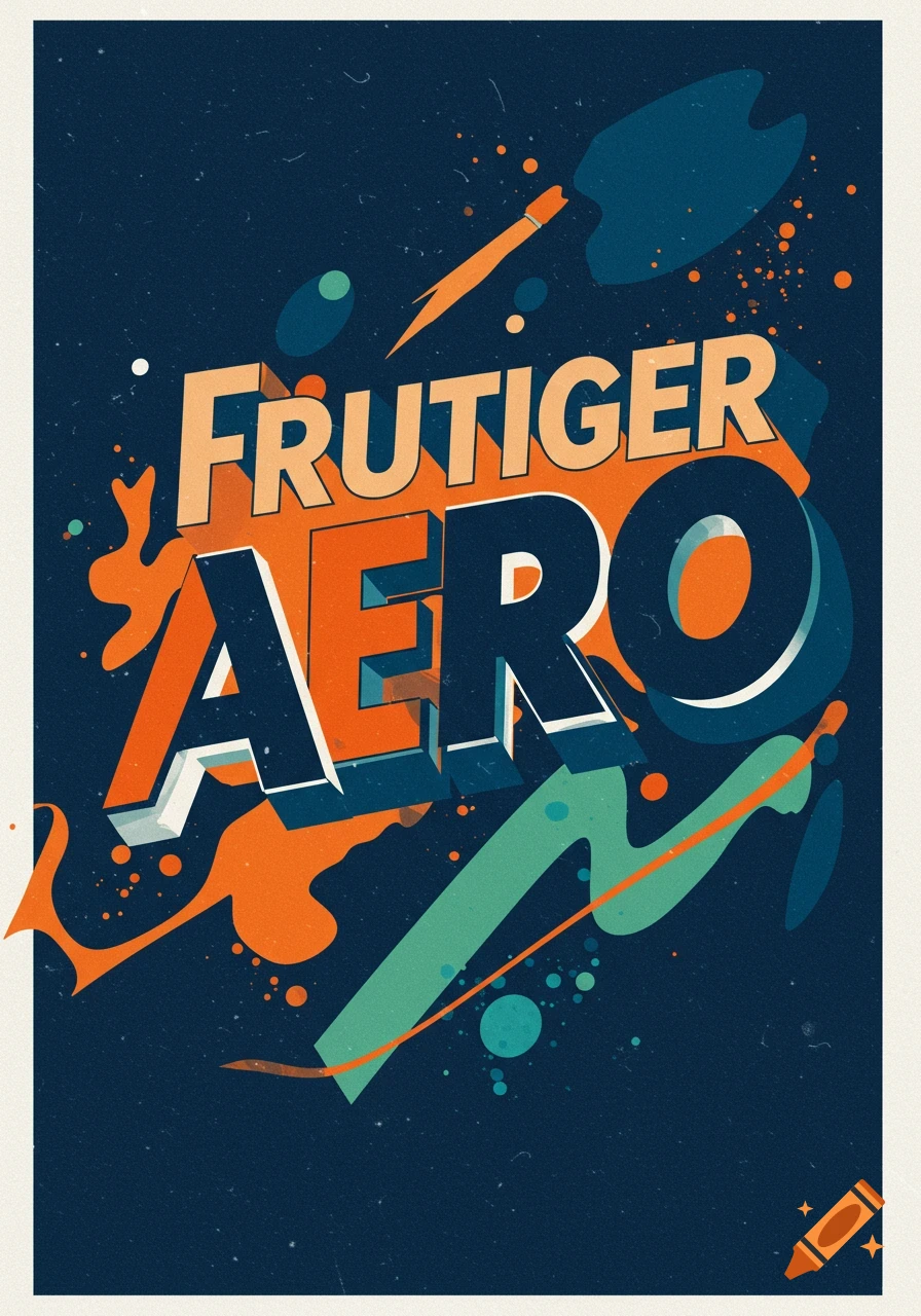 Graphic poster with 3D orange and blue text spelling "FRUTIGER AERO ...