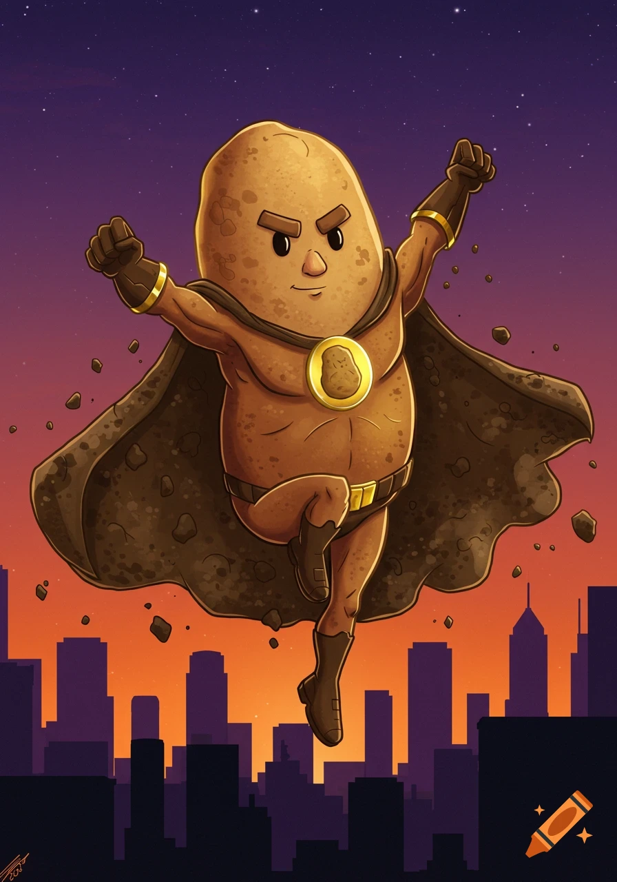Cartoon superhero potato flying over a city at sunset on Craiyon