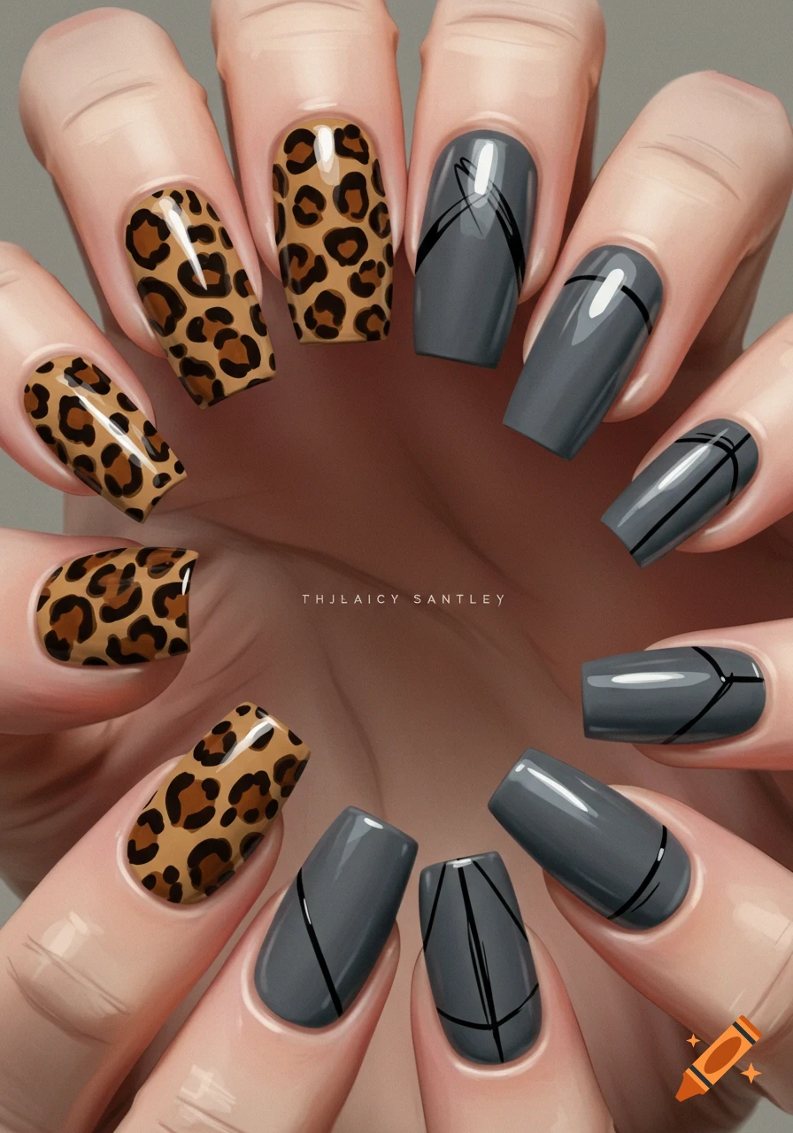 Hands displaying nail art with leopard print and grey nails with black ...