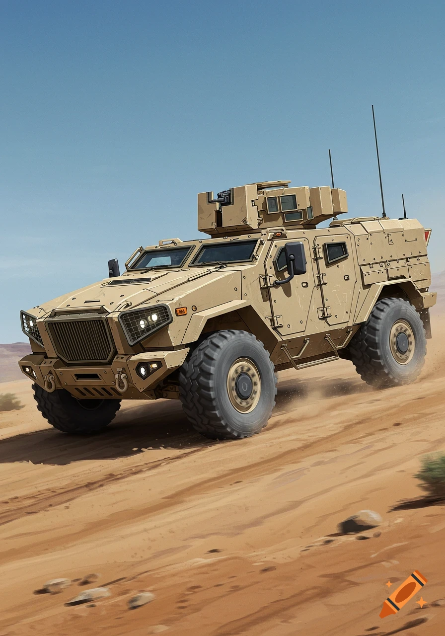 A tan, heavy-duty armored vehicle drives through a sandy desert ...