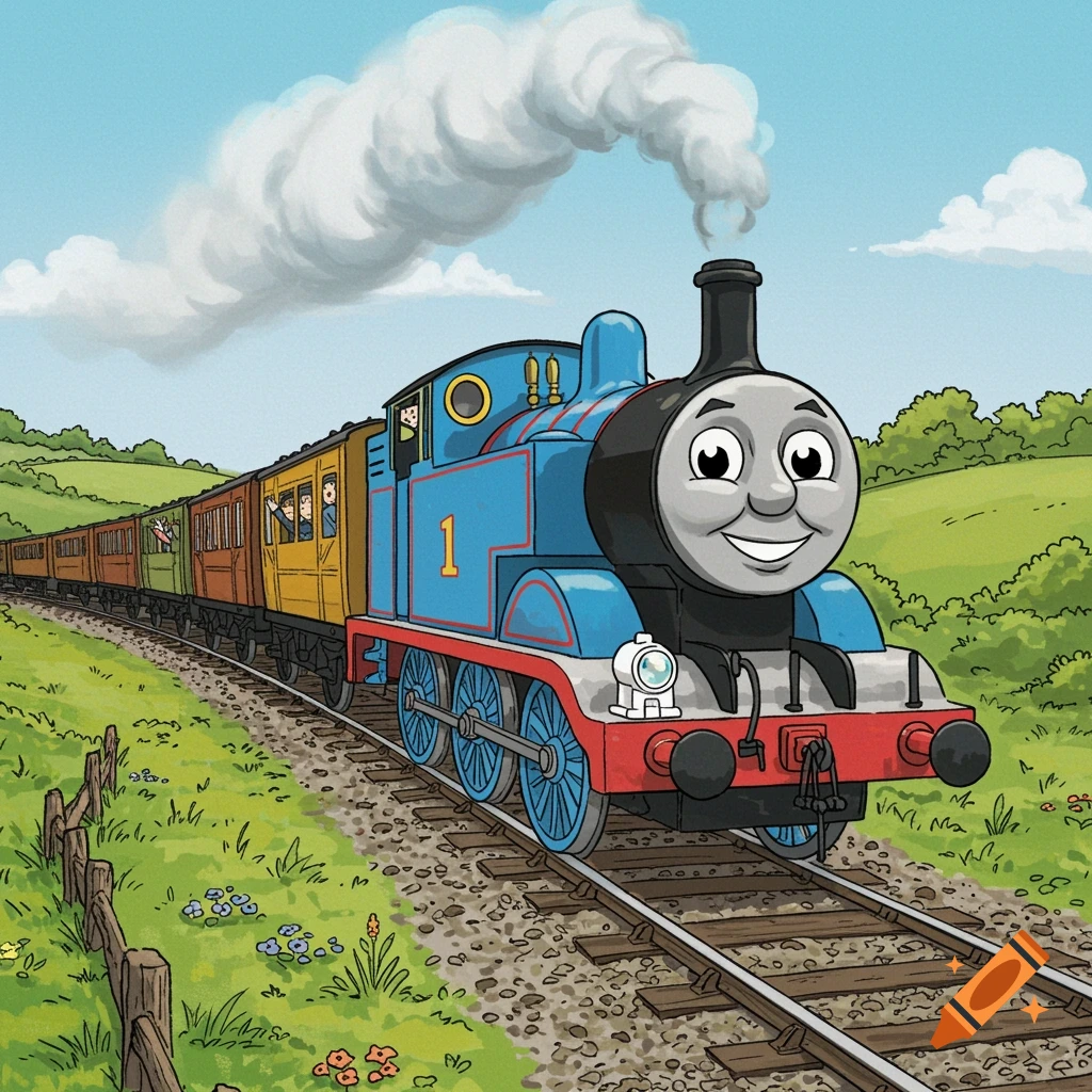 Thomas the Tank Engine train pulling carriages through a green countryside in an illustration ...