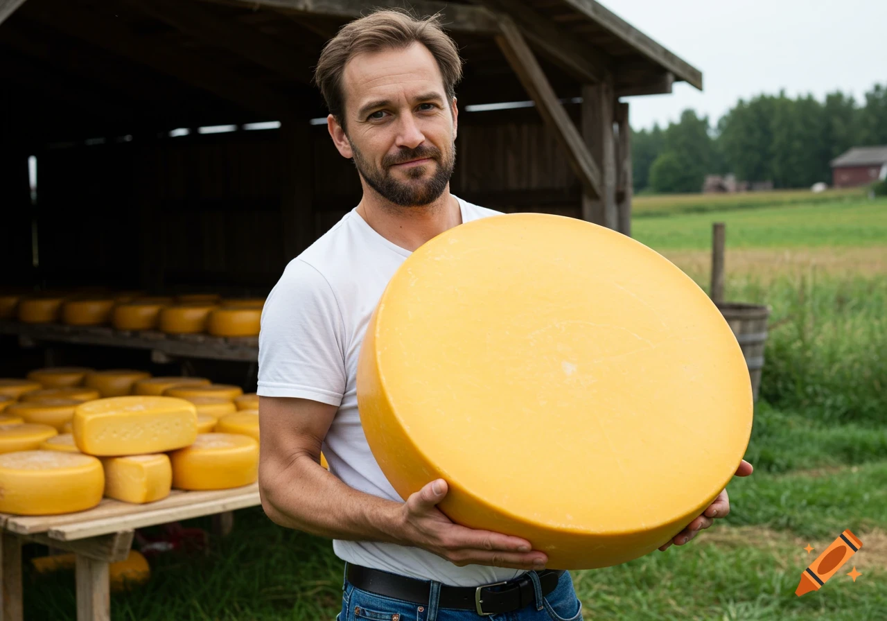 A man holds a giant wheel of cheese in front of a rustic barn. on Craiyon