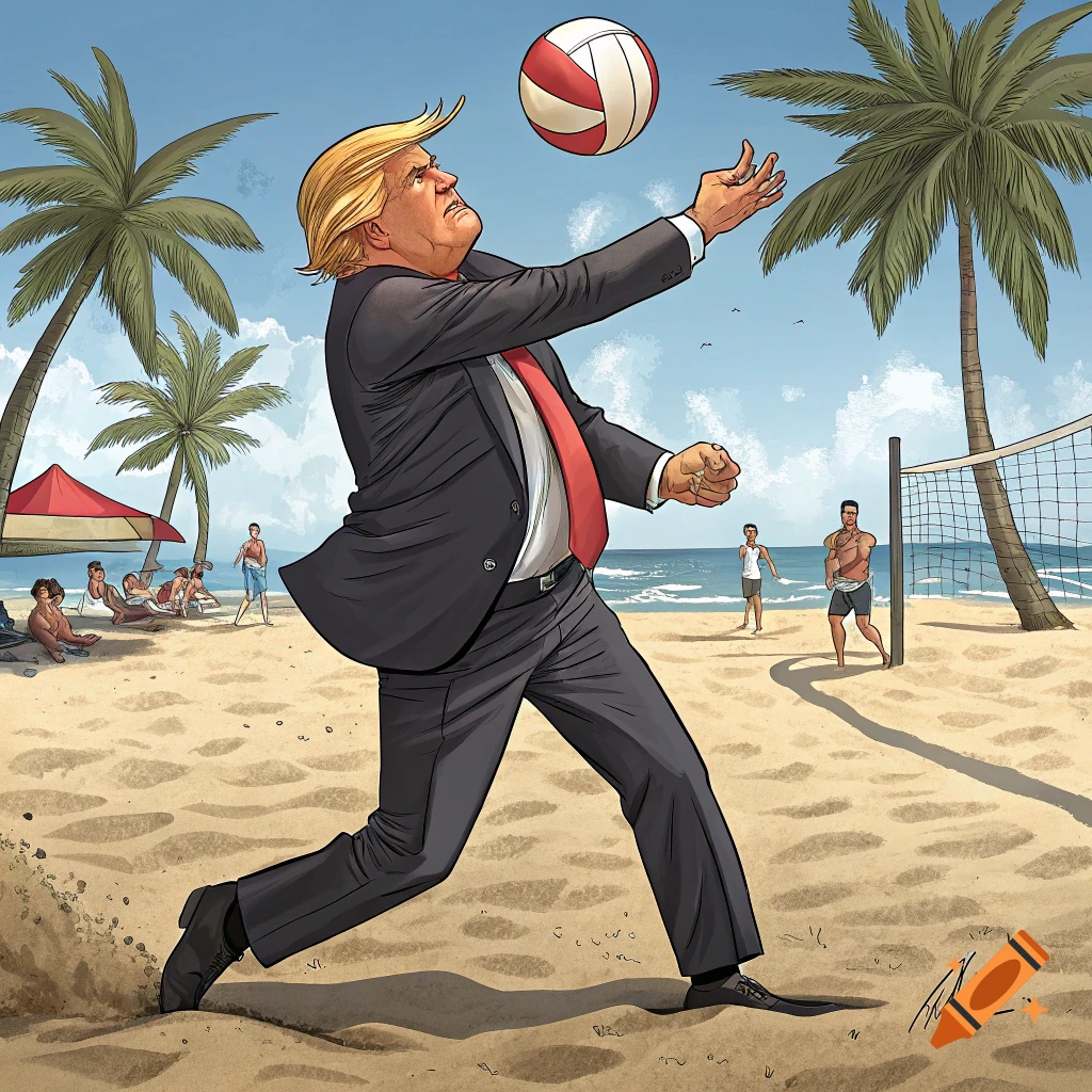 Cartoon illustration of Donald Trump in a suit playing volleyball on a ...