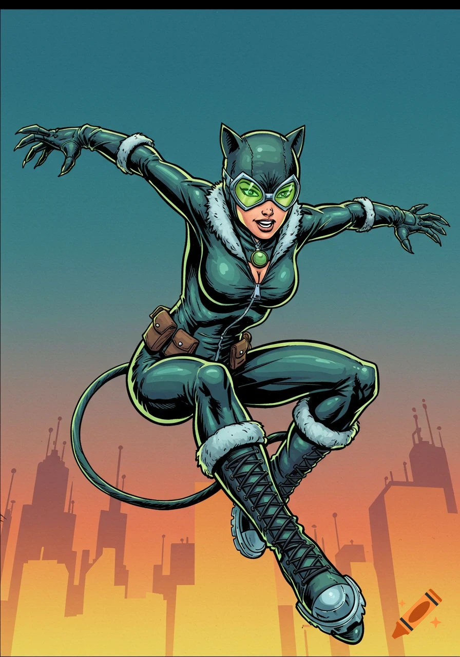 Comic style drawing of a Catwoman-like character in a green suit ...