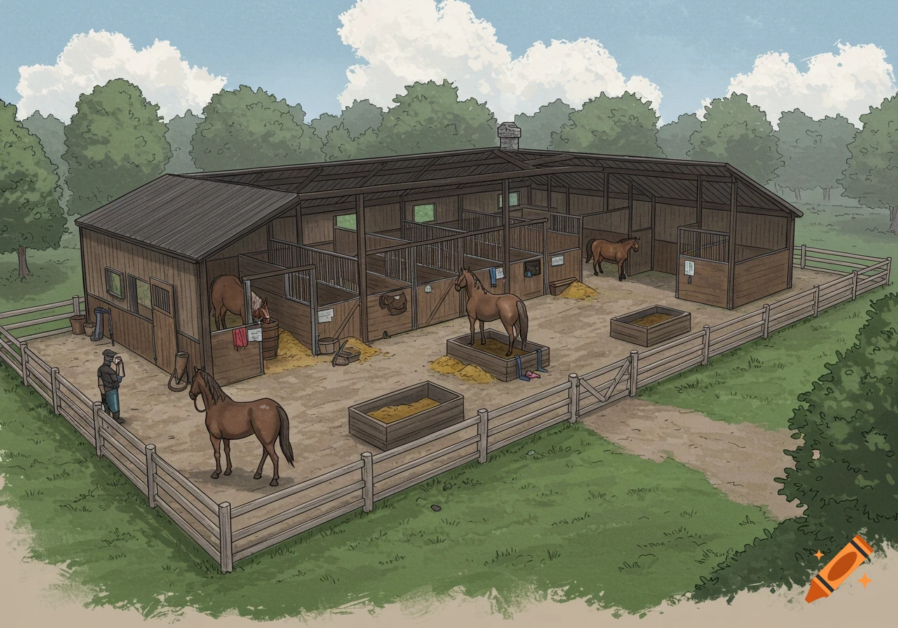 Illustration of a large horse stable with several horses and a person ...