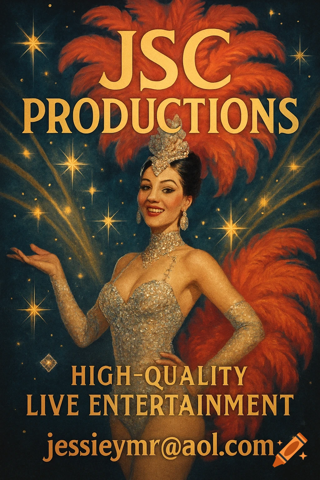 Vintage style poster for JSC Productions featuring a showgirl with feathers, sparkle, and text ...