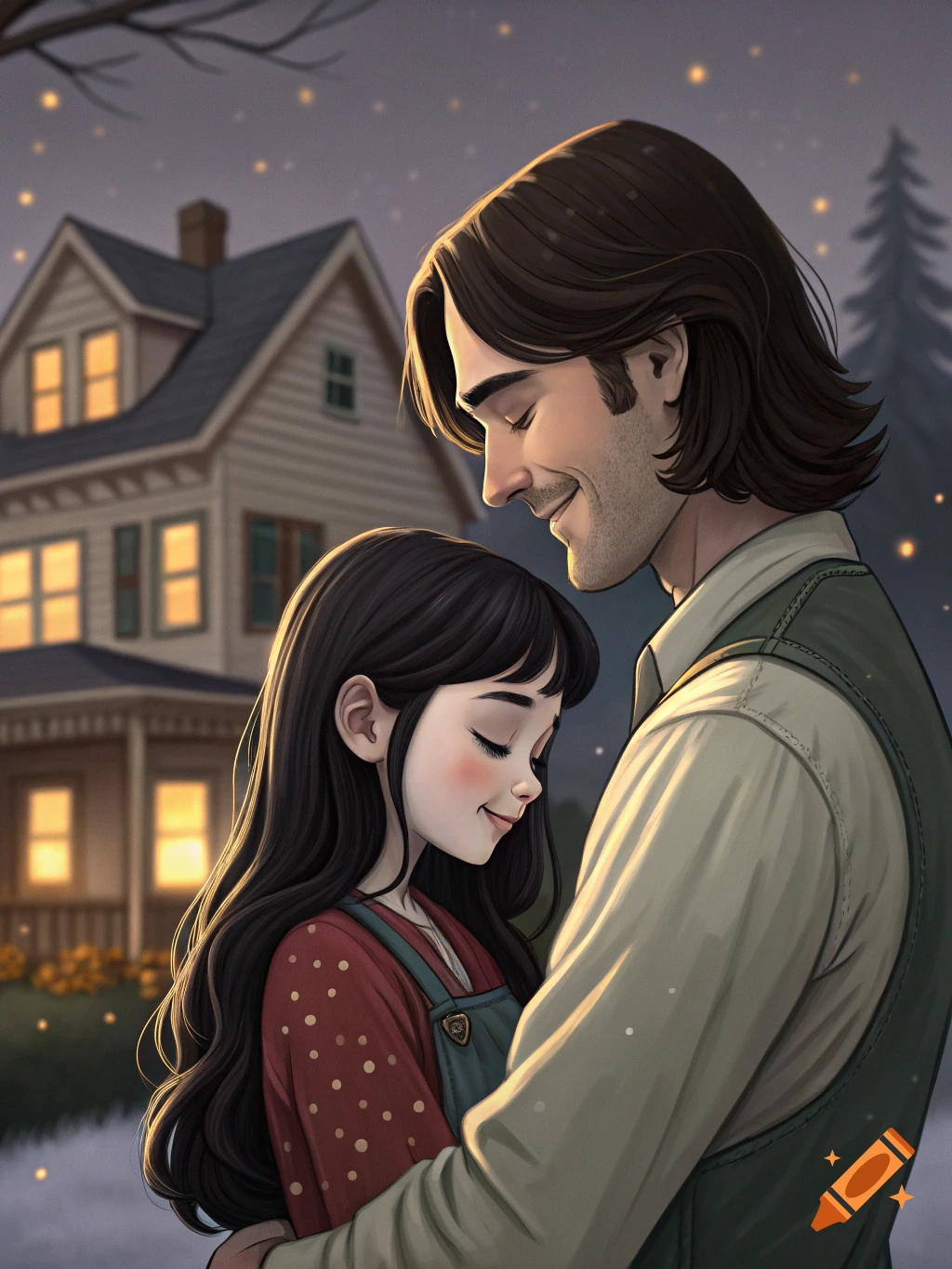 A man and a young girl hug outside a house under a starry night sky. on ...