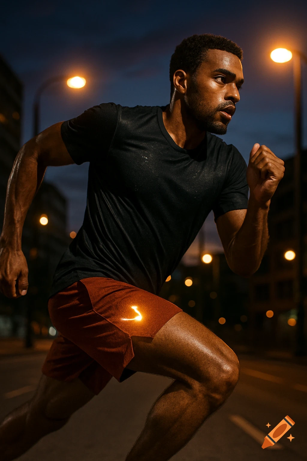 Man running at dusk on a street, shorts with a glowing reflective logo ...