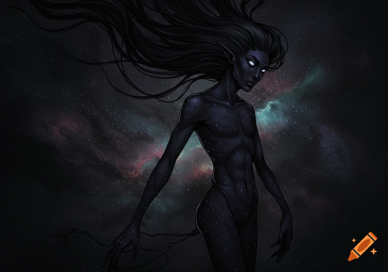 A dark humanoid figure covered in stars with glowing eyes stands against a nebulous space ...