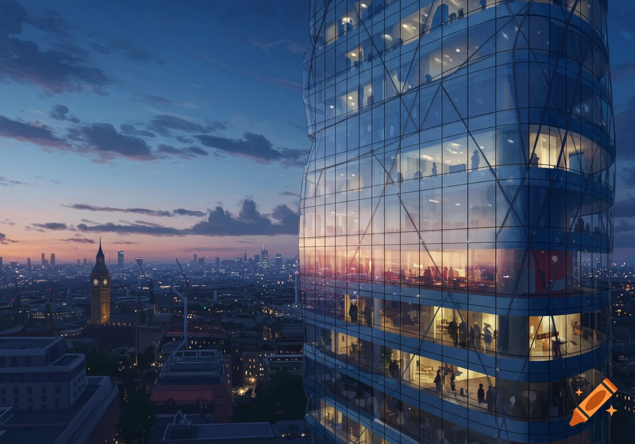 A modern glass high-rise building overlooks the London skyline at dusk ...