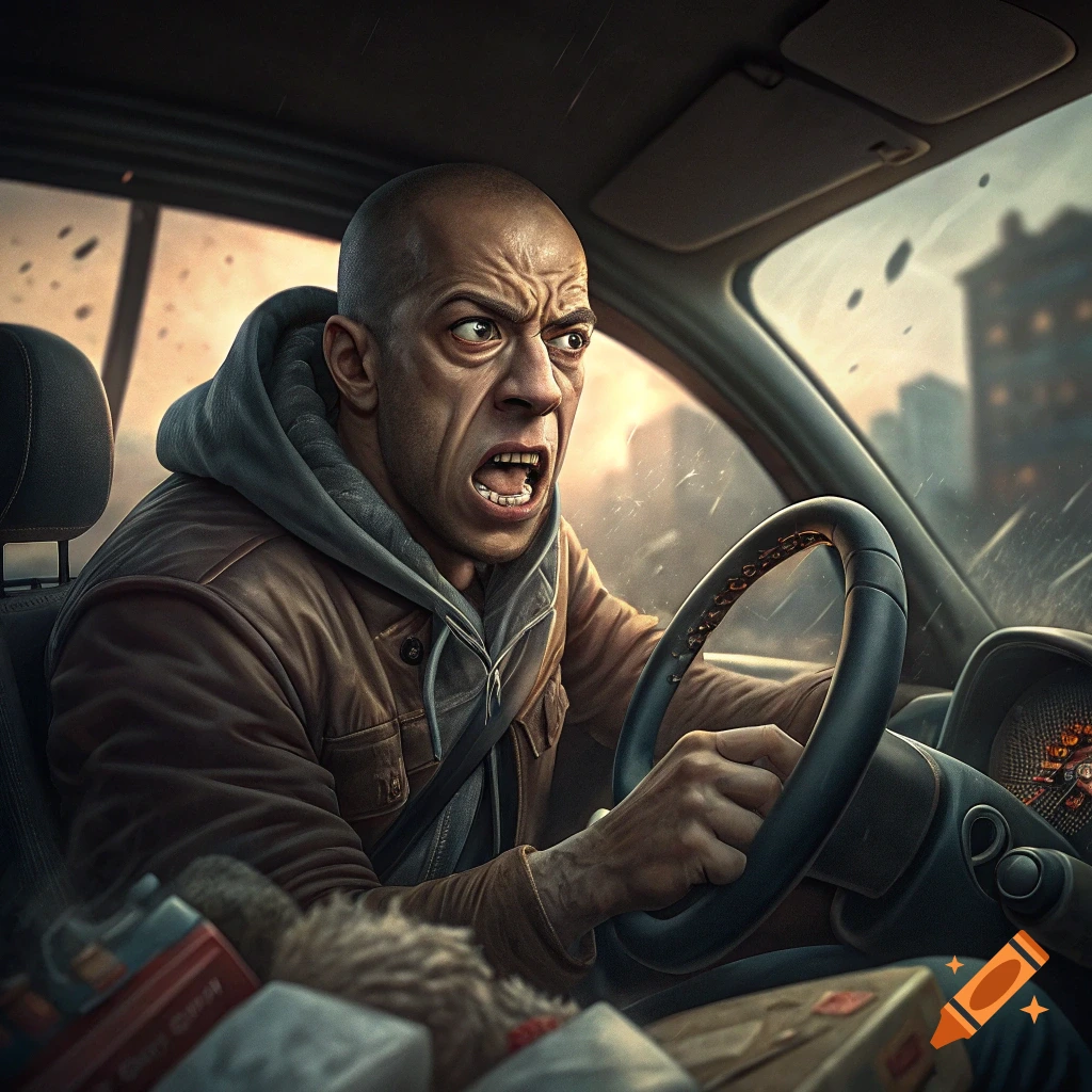 Bald man with insane expression driving a car in the rain on Craiyon