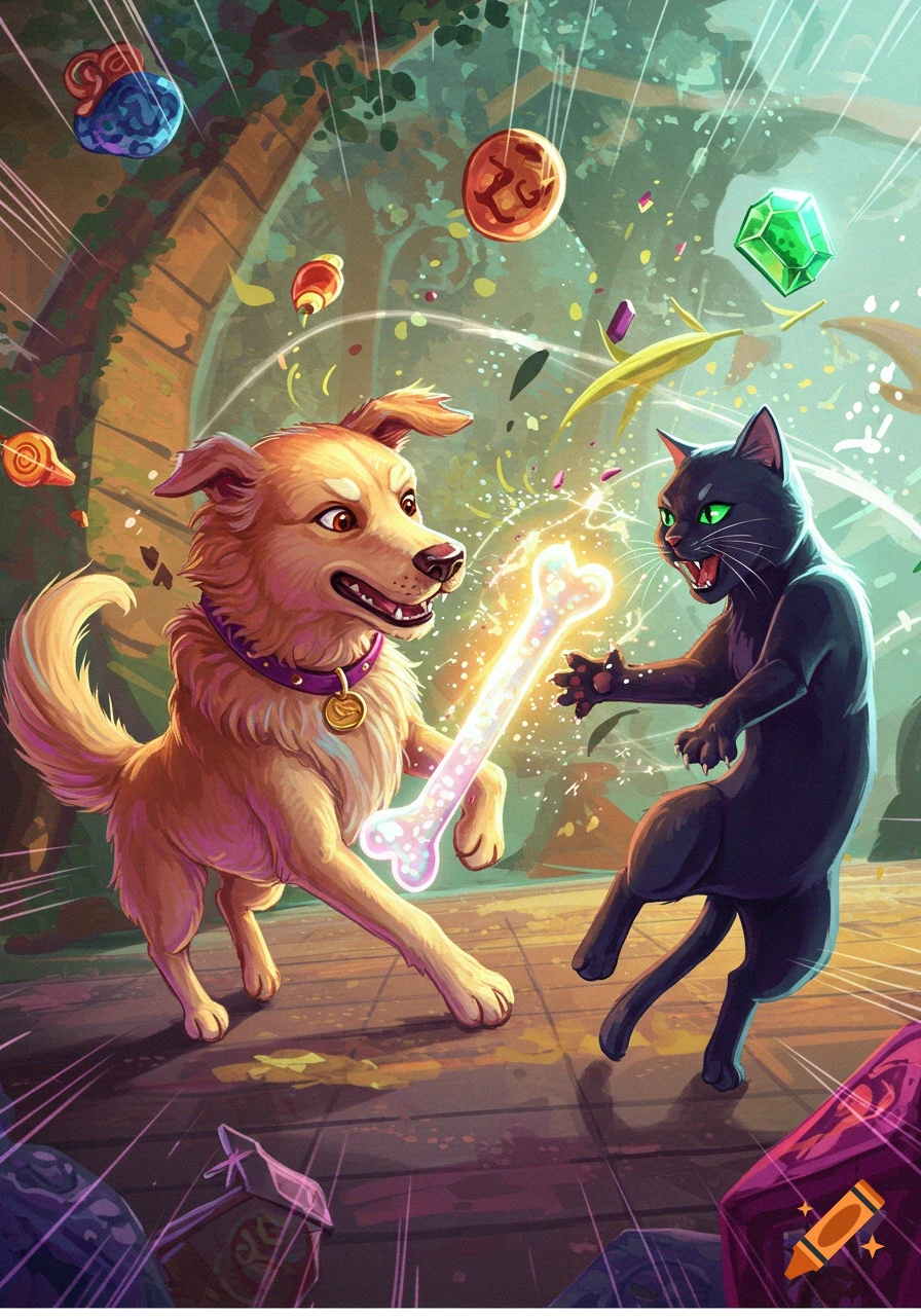 A dog and a cat fight over a glowing bone in a magical forest clearing ...
