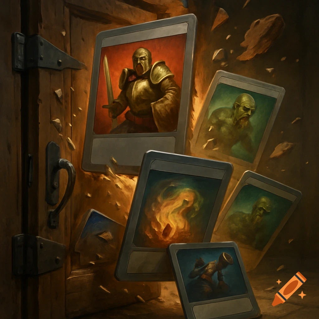 Fantasy trading cards with warrior and creatures bursting through a wooden door on Craiyon