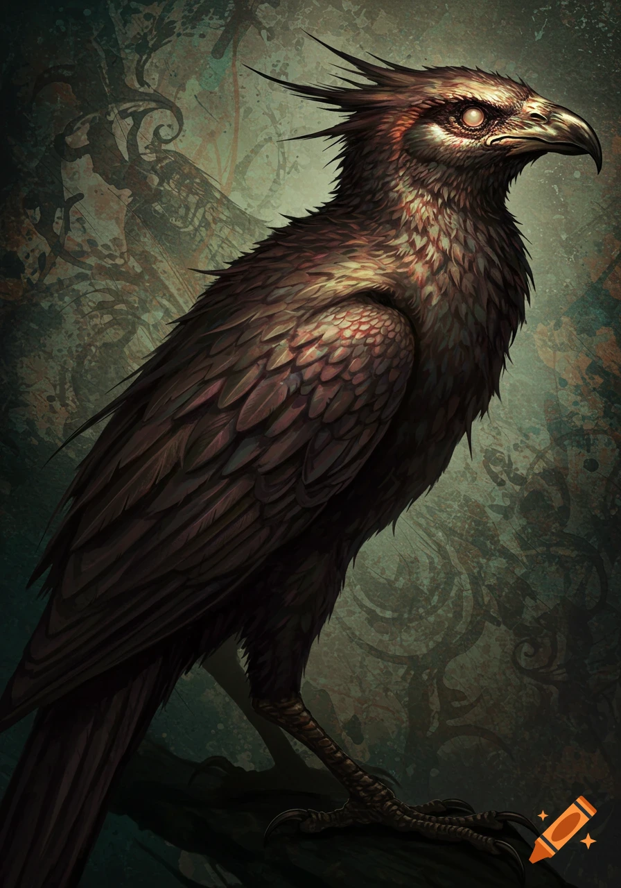 Detailed illustration of a dark fantasy bird creature with glowing eyes ...