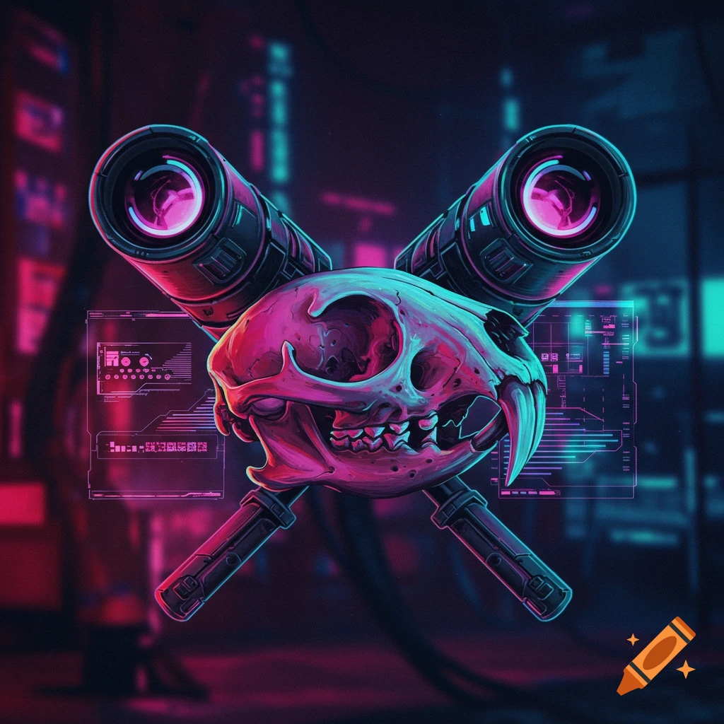 Cyberpunk rat skull with large scopes and sabre teeth, in a neon city ...