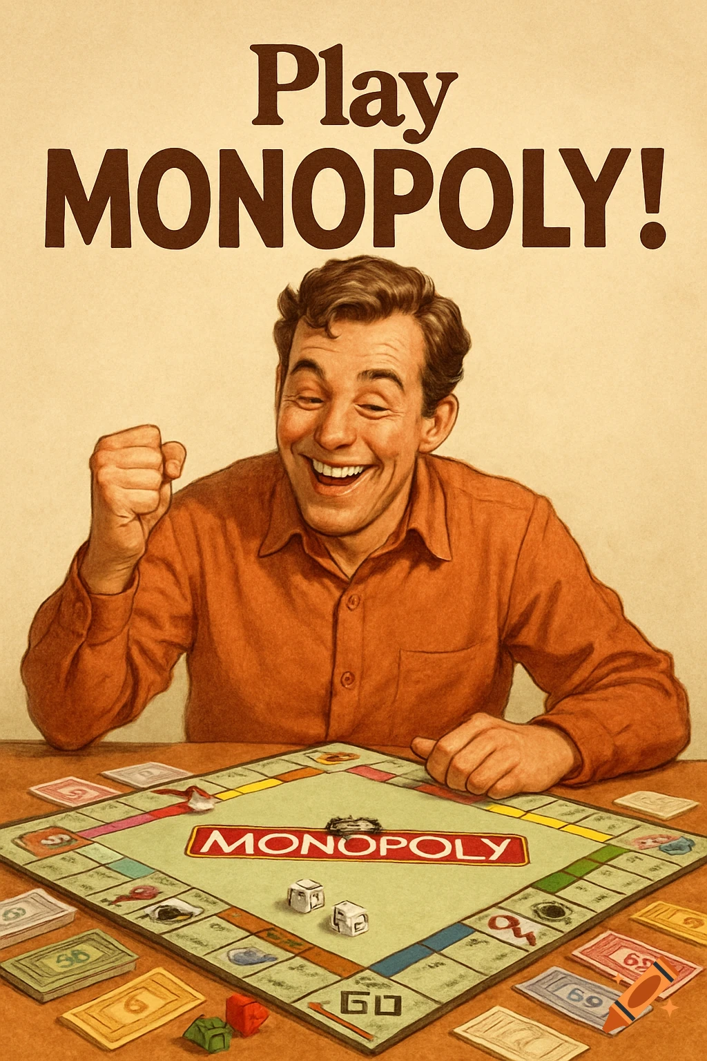 A man reacts excitedly while playing Monopoly, vintage illustration ...