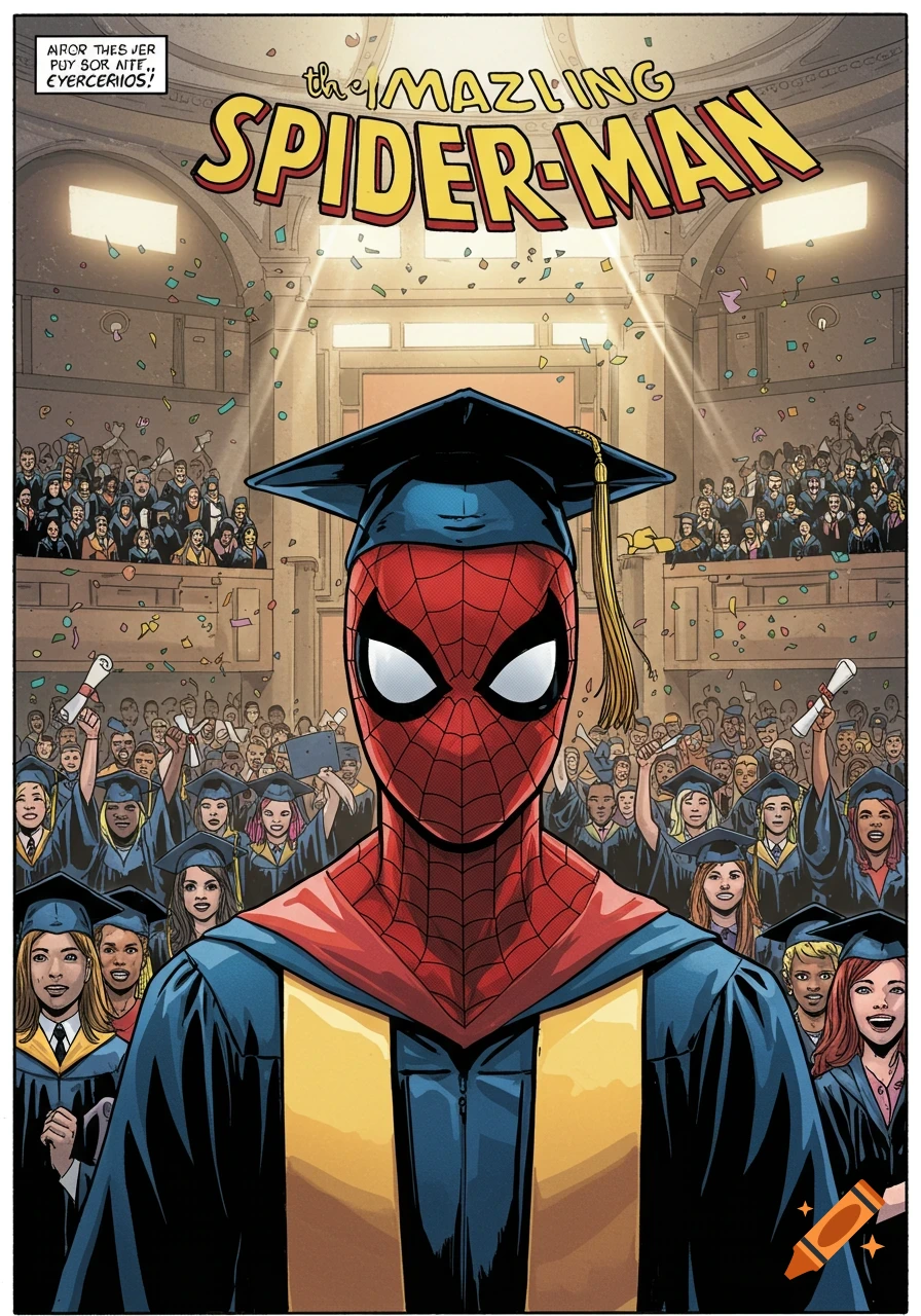Spider-Man in a graduation cap and gown stands before a crowd in an ...