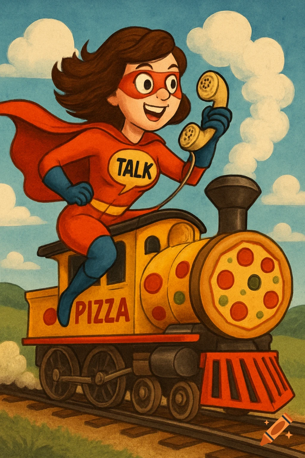 A cartoon superhero rides a pizza train while holding a telephone. on ...