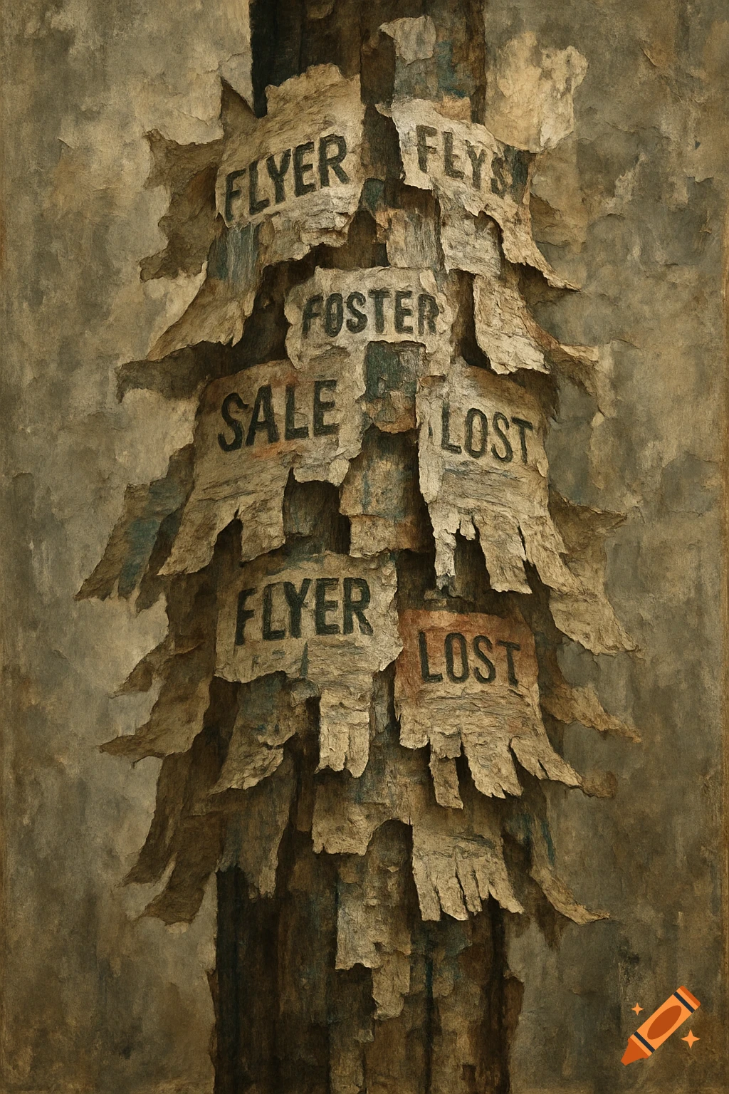 A heavily weathered pole covered in torn posters with words like 'FLYER ...