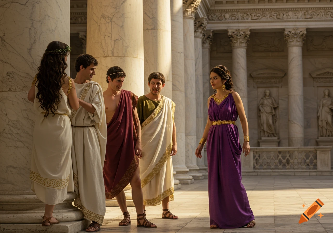 Four people in Roman togas and dresses standing near pillars in an ...