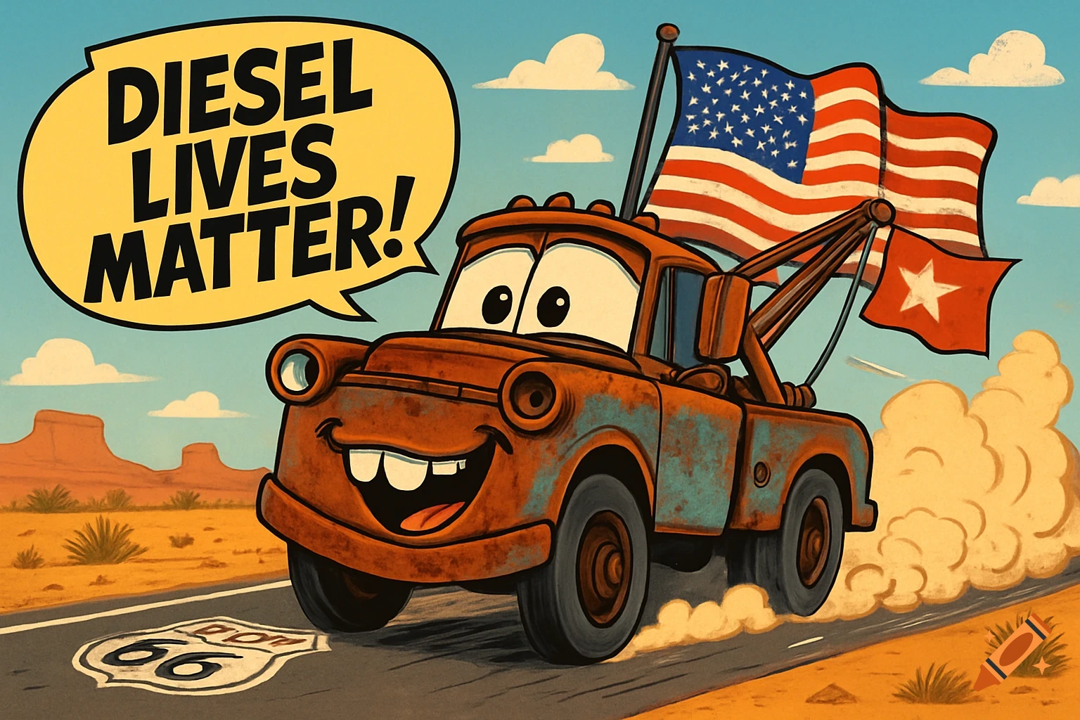 Cartoon rusty tow truck like Mater driving on a Route 66 desert road ...