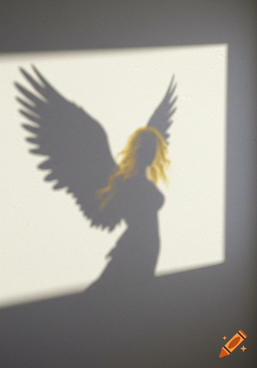 Shadow of an angel with large wings and bright yellow hair cast on a ...