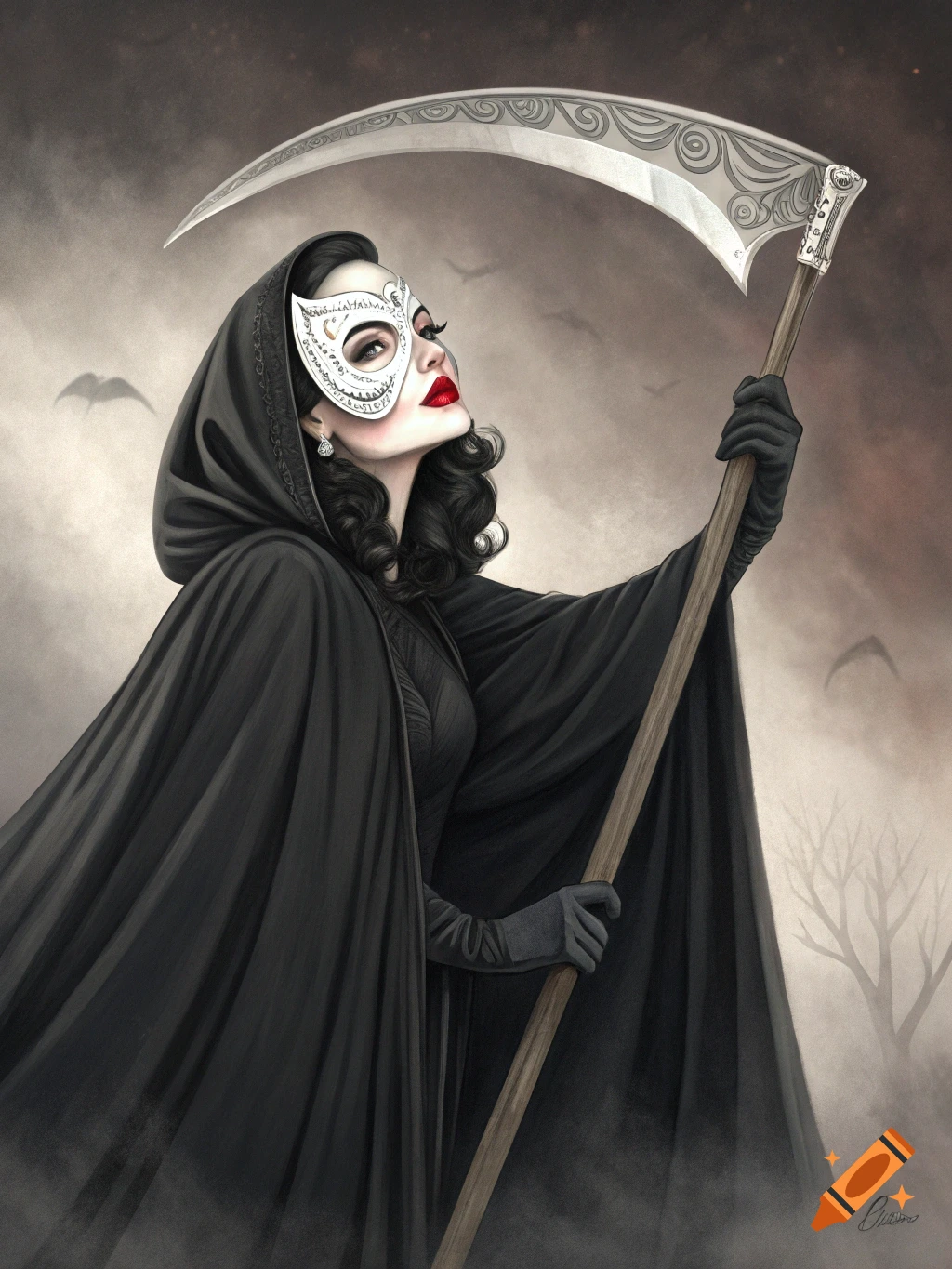A woman in a black hooded cloak and white mask holds a scythe in a dark ...