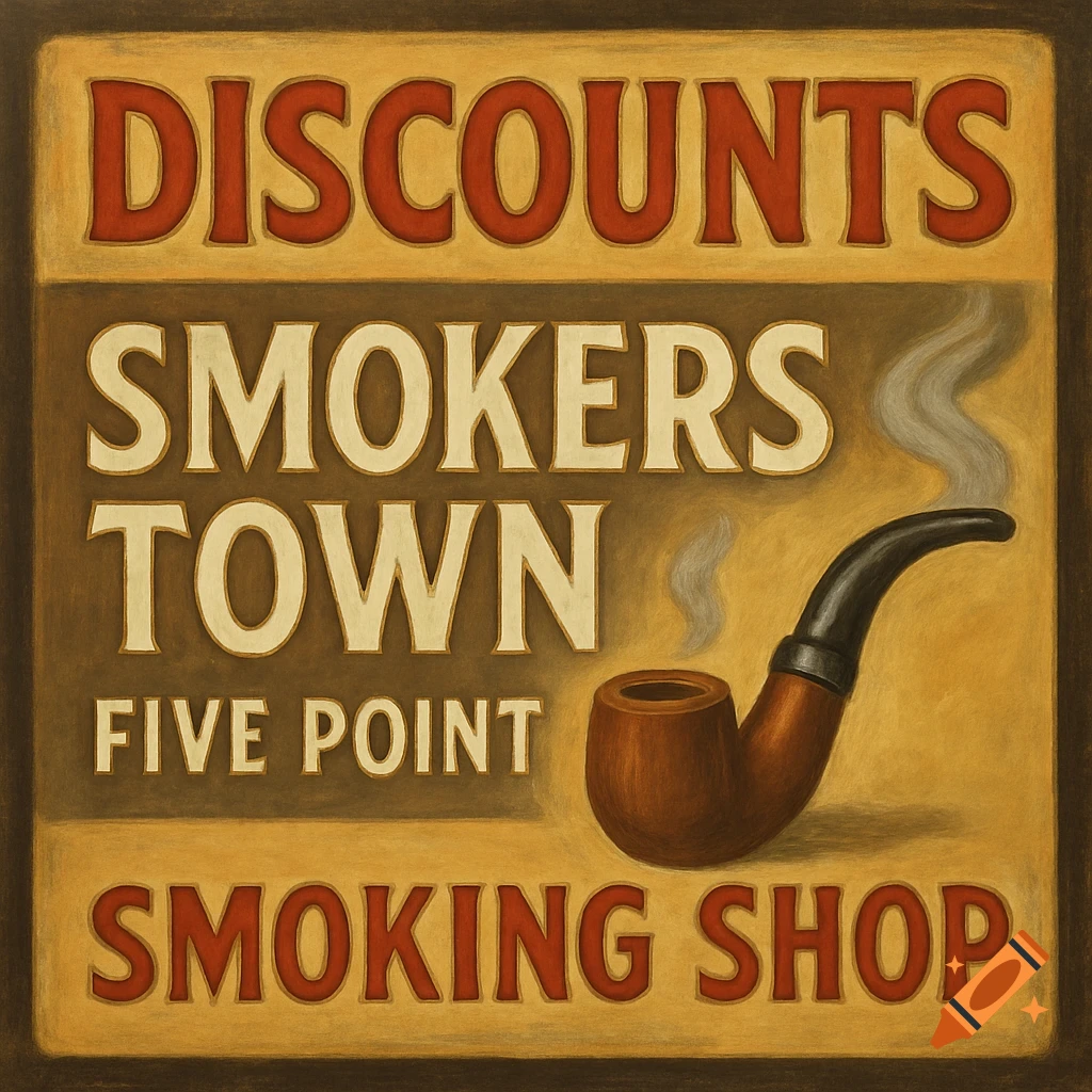 Vintage style sign for Smokers Town Five Point smoking shop with a pipe ...