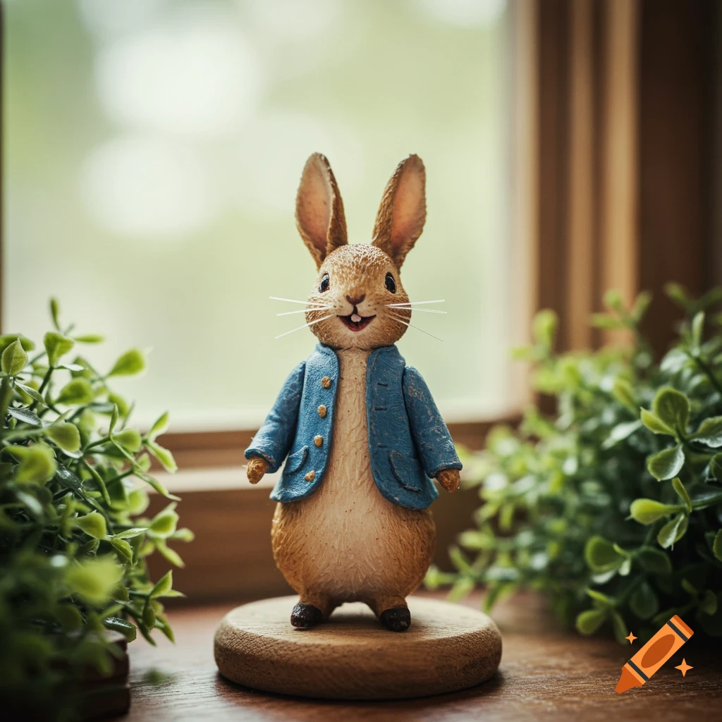 A miniature figure of Peter Rabbit standing on a wooden base near a ...