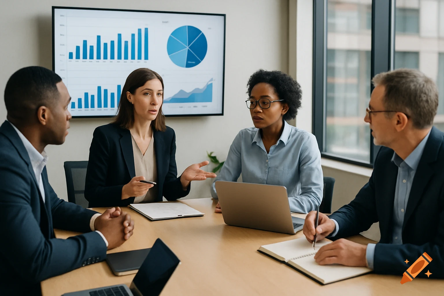 Diverse business team in a meeting looking at charts and graphs on a ...