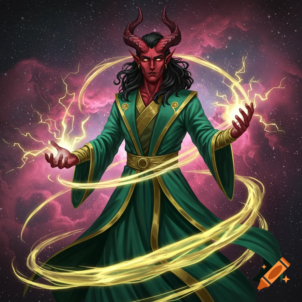 A red-skinned tiefling in green robes casts lightning spells with both ...