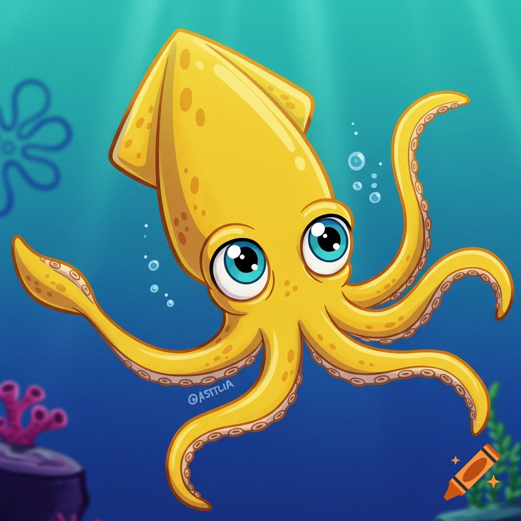 A cute cartoon yellow squid floats underwater with bubbles. on Craiyon
