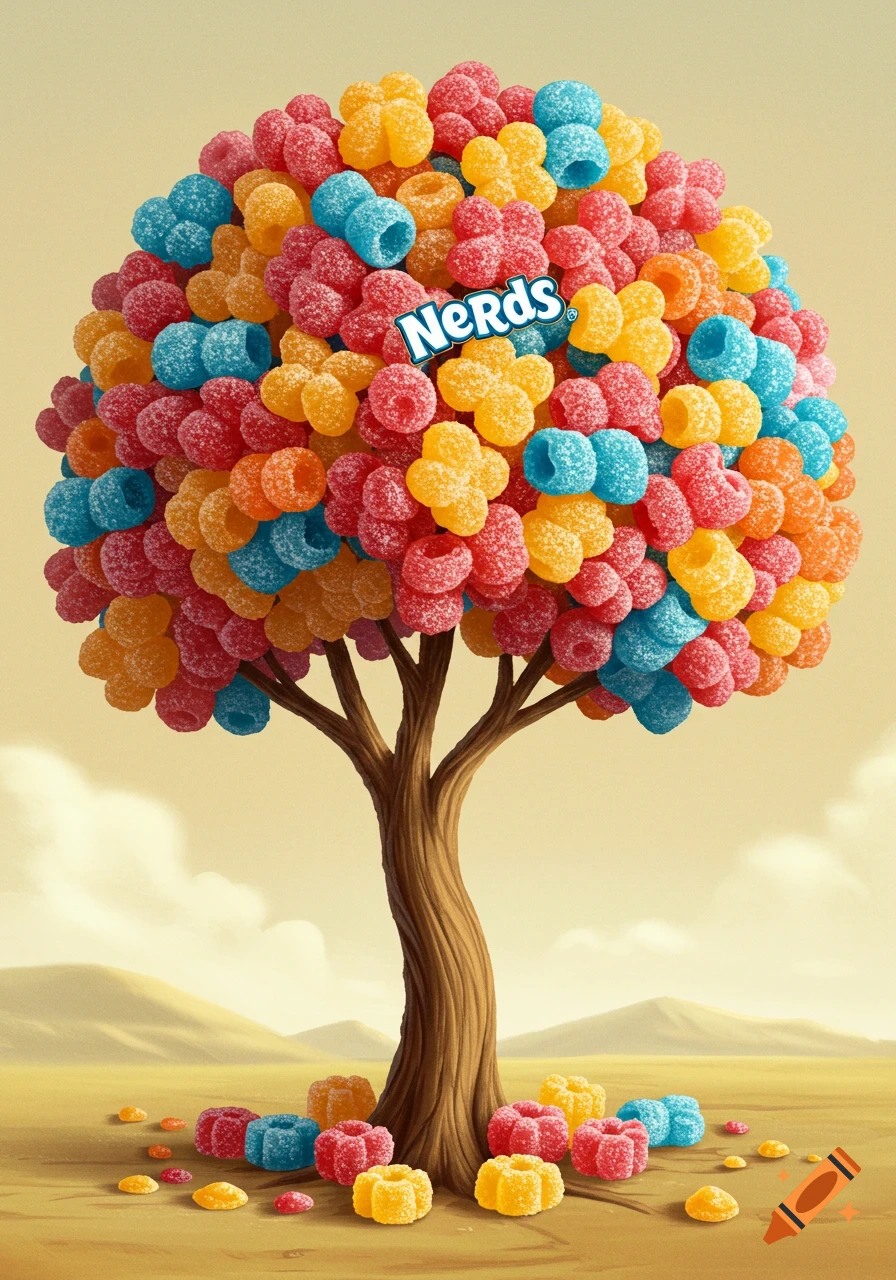 A tree made of colorful Nerds candy in a landscape illustration. on Craiyon