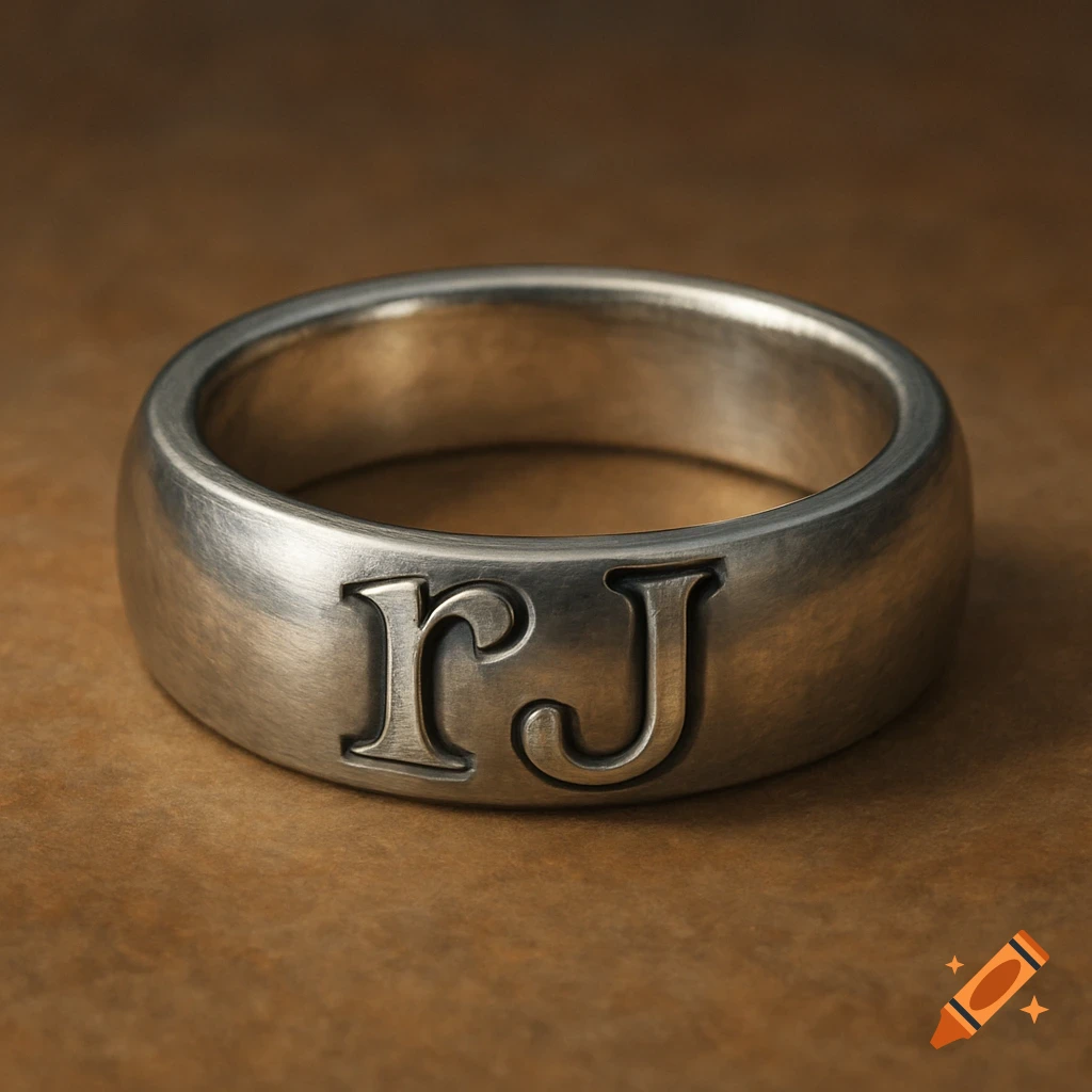 Close-up of a silver wedding band ring with the letters rJ integrated ...