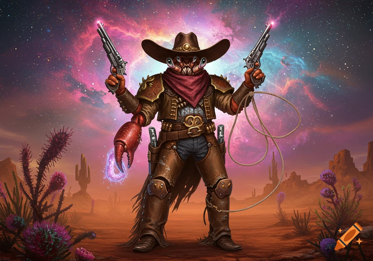 A crab creature in cowboy attire holding revolvers stands in a desert ...