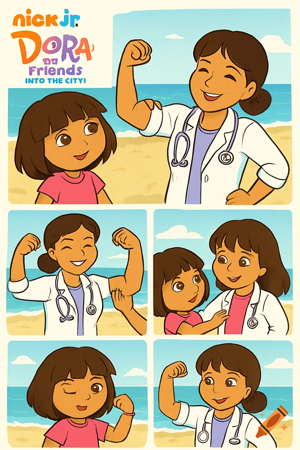 Comic strip showing Dora and a doctor flexing on a beach on Craiyon