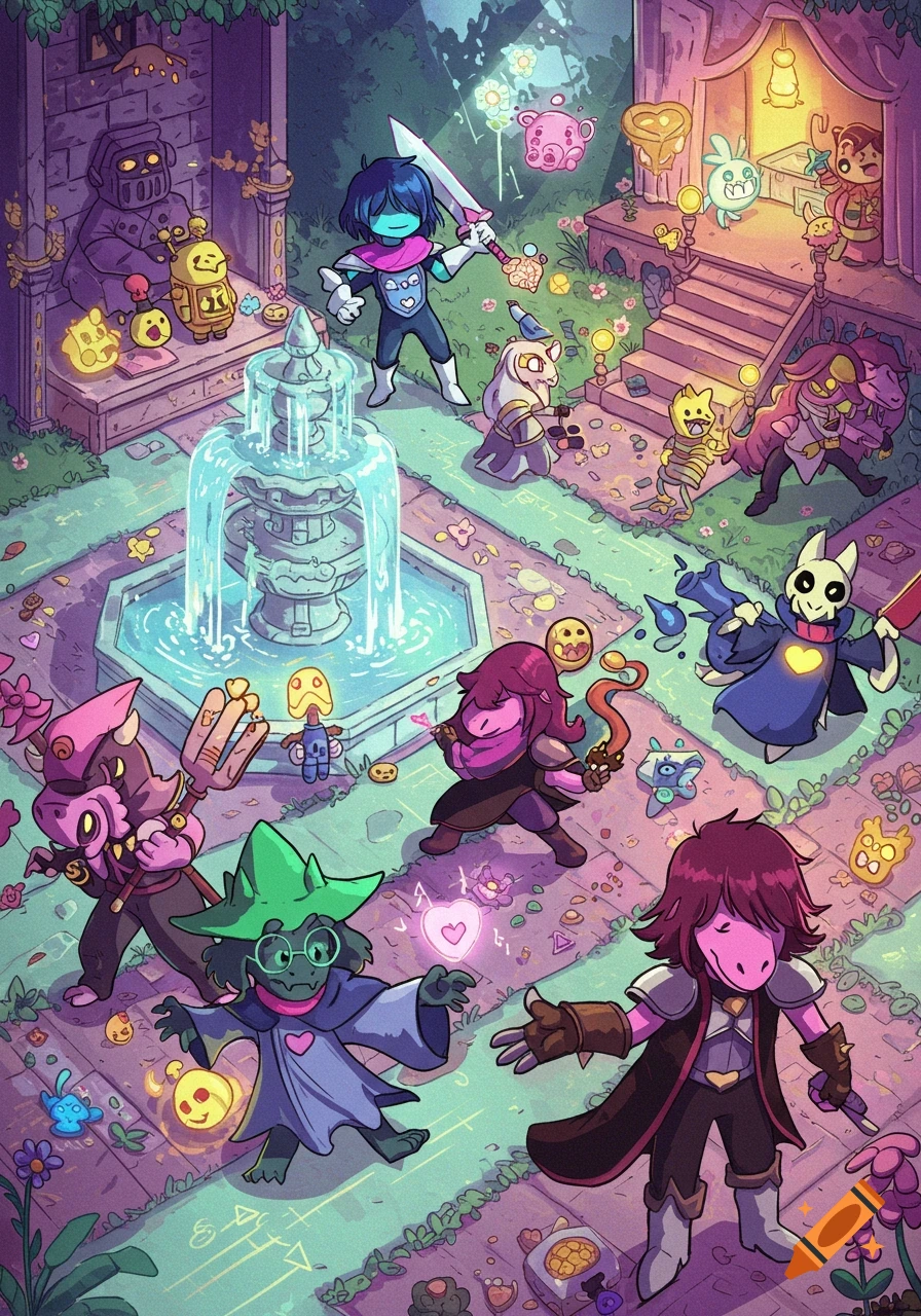 Cartoon art of Deltarune characters in a fantasy garden with a fountain ...