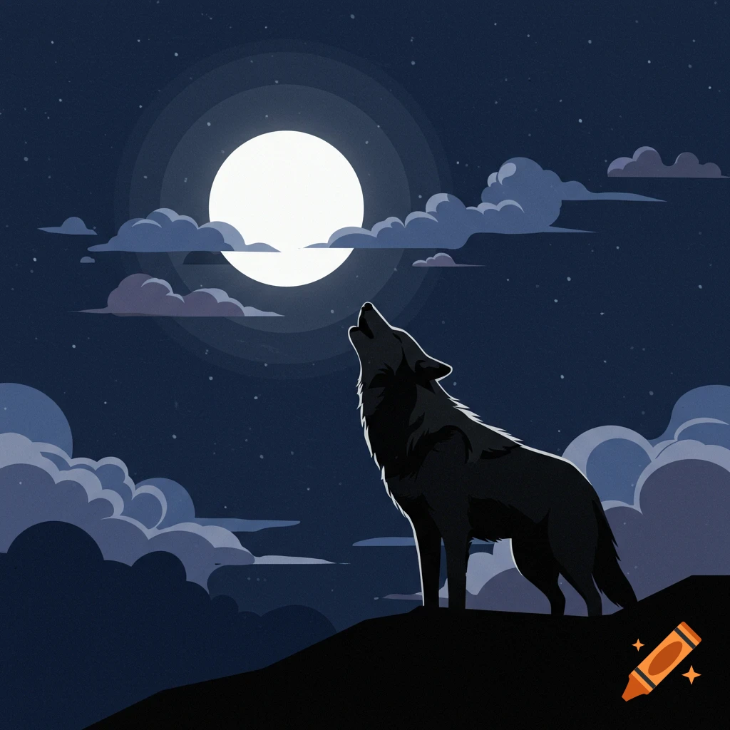 Minimal 2D art of a wolf howling at a full moon on a starry night on ...