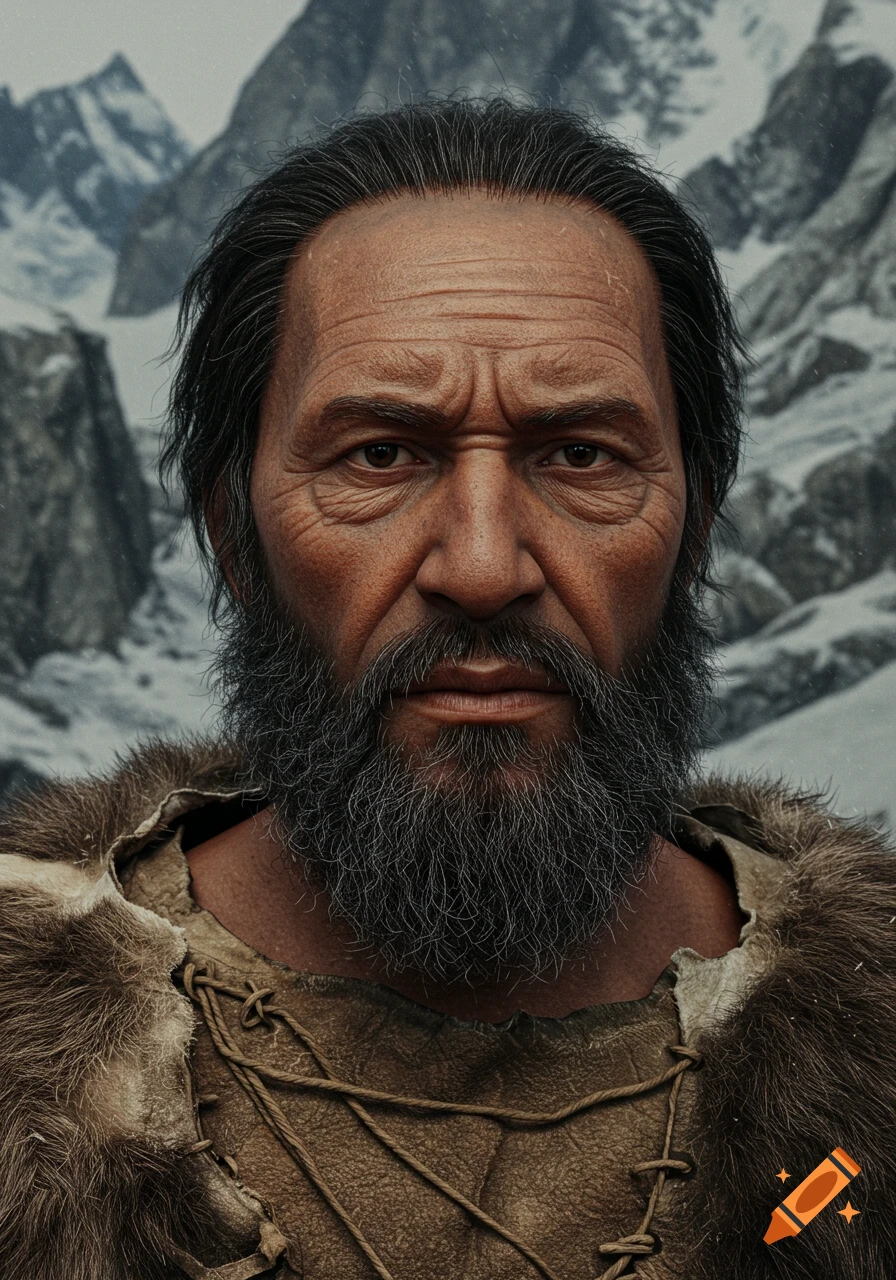 A hyper-realistic portrait of a weathered man with a beard and fur ...