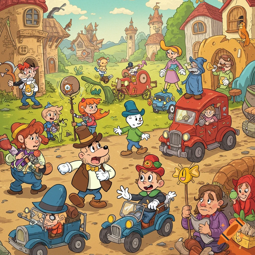 Busy cartoon illustration of many whimsical characters and vehicles in ...