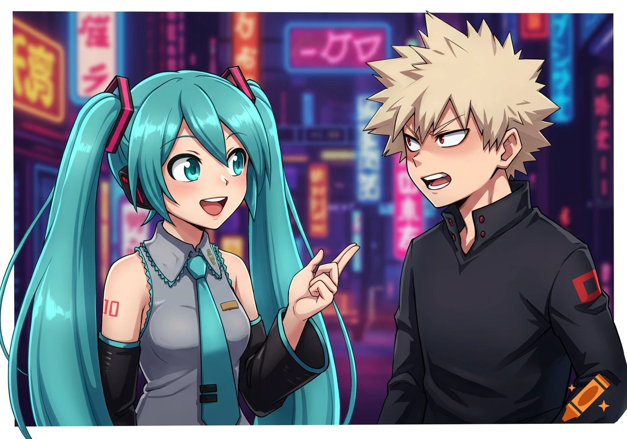 Anime art of Hatsune Miku talking to Bakugo from My Hero Academia in a ...