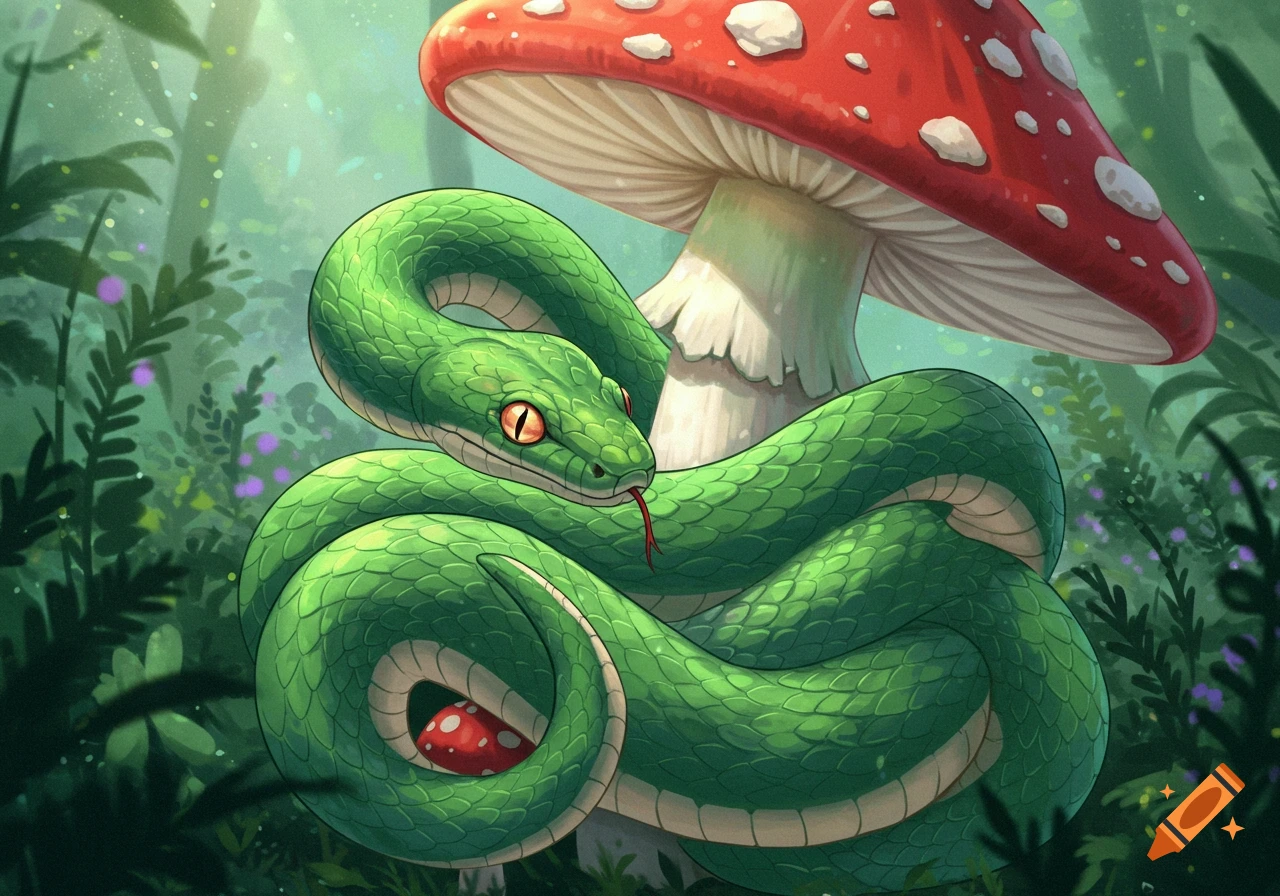 An anime style illustration of a green snake wrapped around a large ...