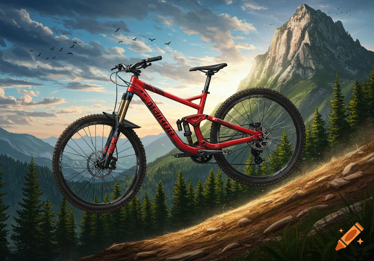 Red mountain bike on a trail with mountains and clouds. on Craiyon