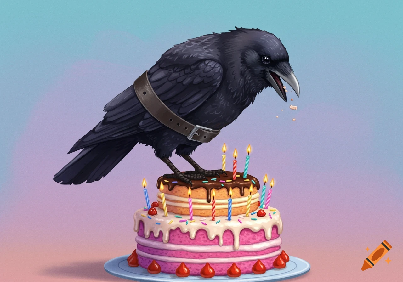 An illustration of a black crow wearing a belt, perched on a colorful ...