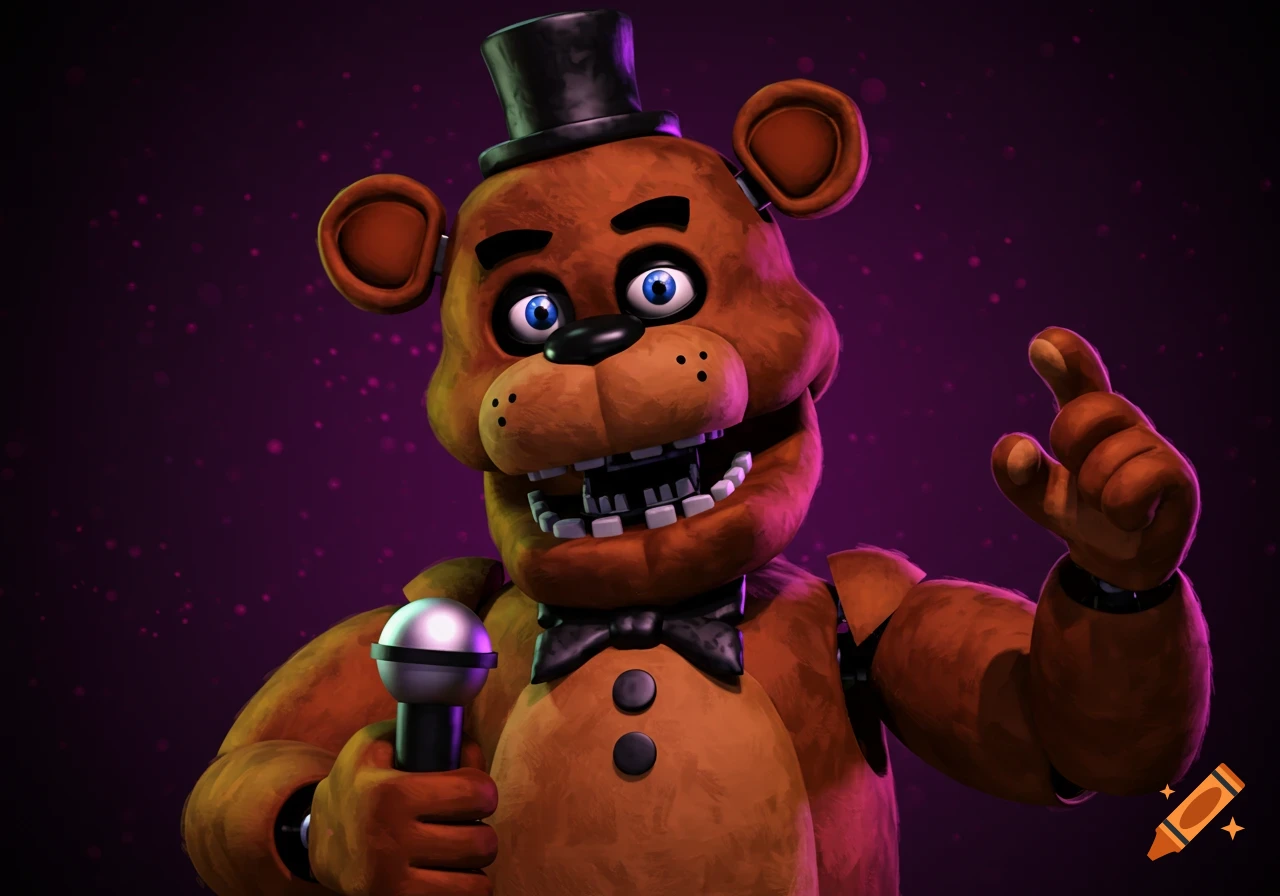 Close-up of Freddy Fazbear holding a microphone on Craiyon