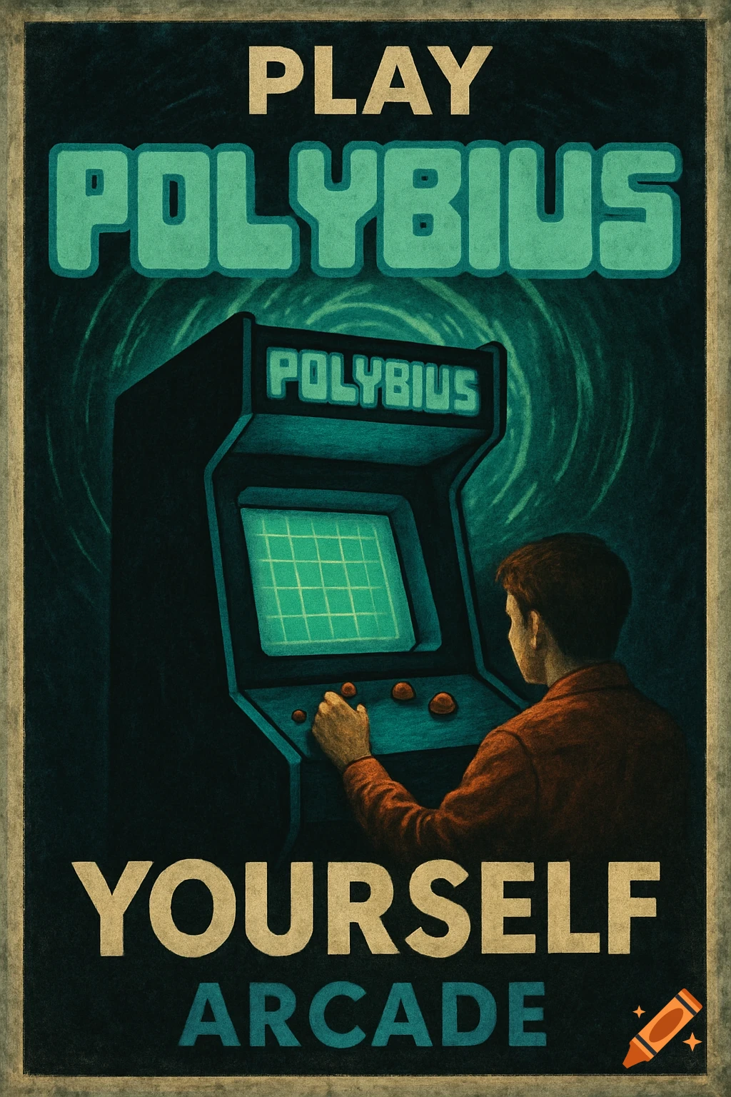 Vintage style poster for the game Polybius showing a person playing an ...