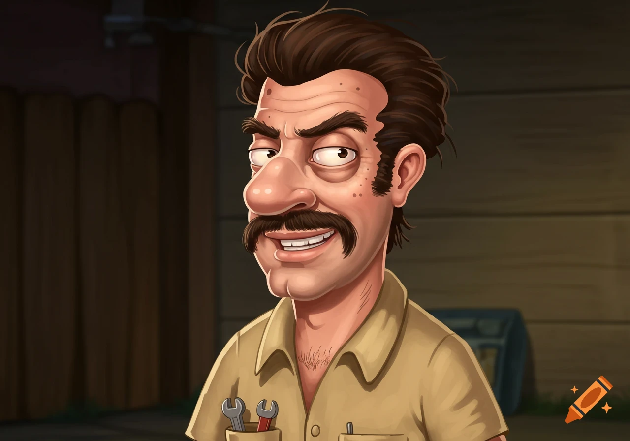 Cartoon portrait of a man with a mustache wearing a mechanic's shirt ...