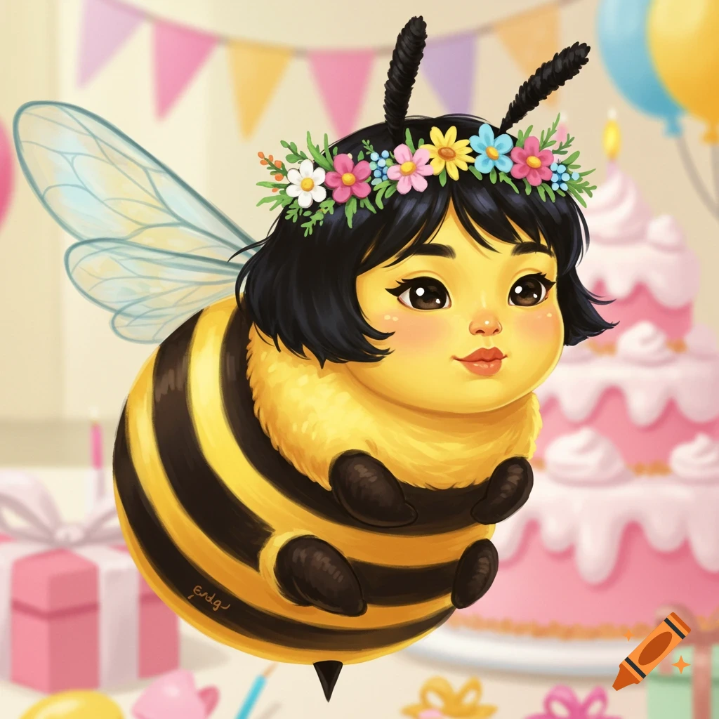 A cute cartoon bee creature with a human face and flower crown at a ...