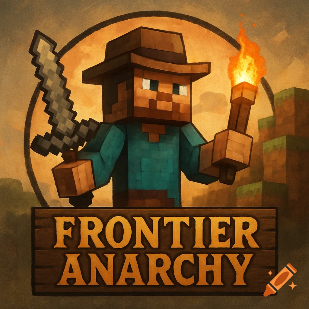 Minecraft-style character with a sword and torch above a sign reading 'Frontier Anarchy'. on Craiyon