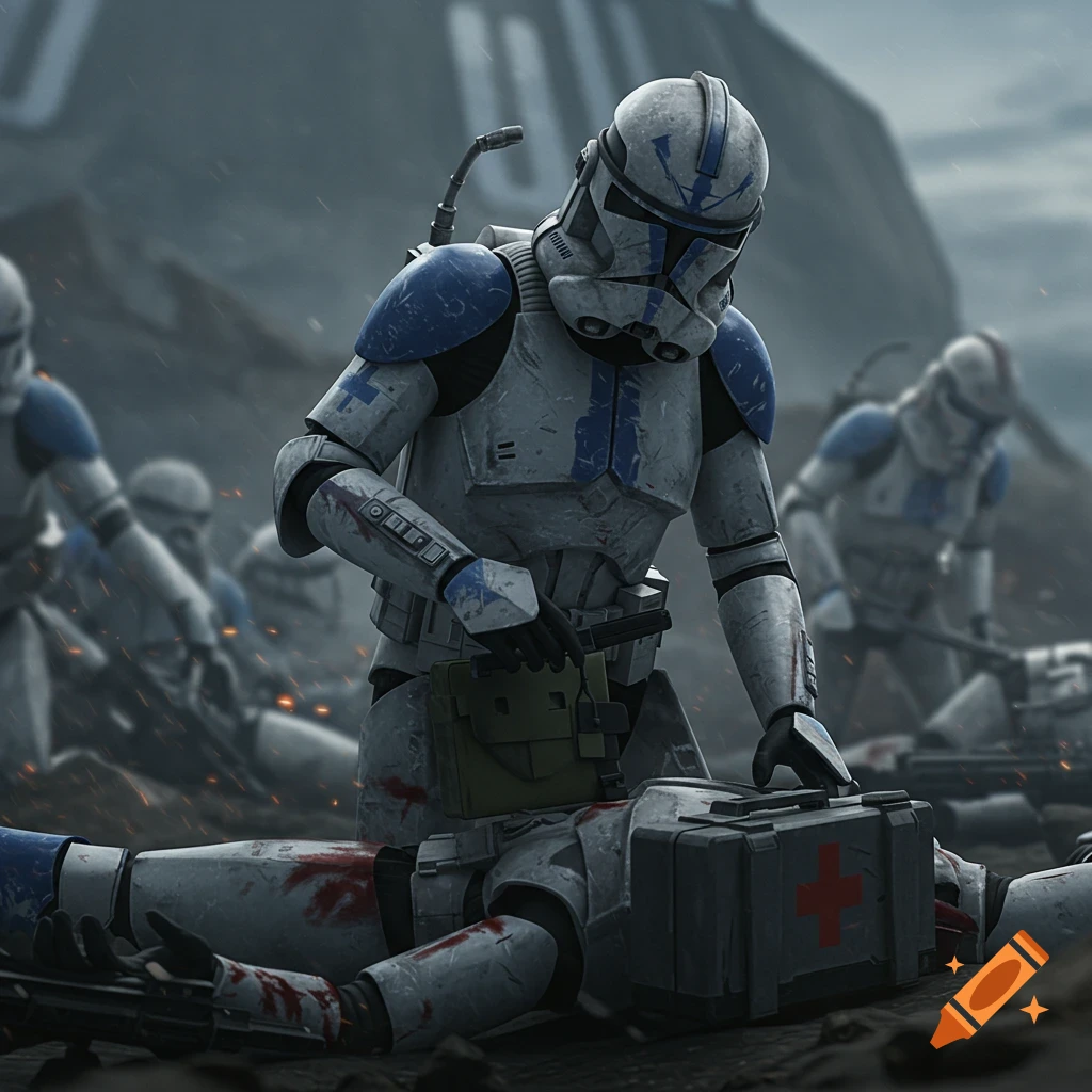 Clone medic tends to an injured soldier on a battlefield in the style of the Clone Wars animated ...